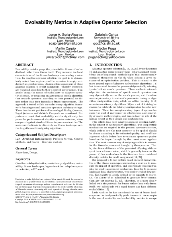 (PDF) Evolvability metrics in adaptive operator selection