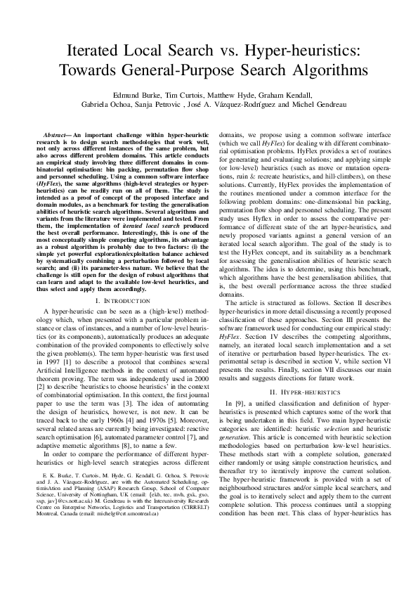 Pdf Iterated Local Search Vs Hyper Heuristics Towards General Purpose Search Algorithms