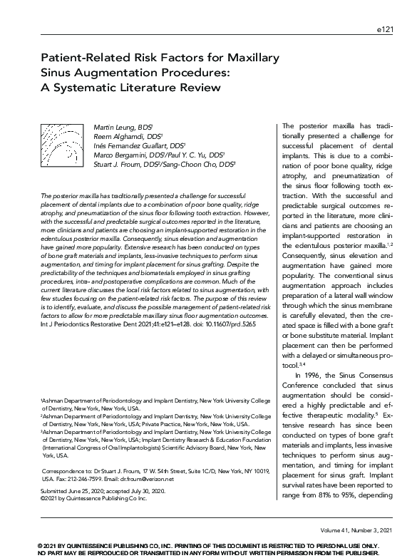 Pdf Patient Risk Factors In Sinus Augmentation