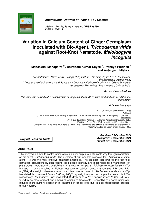 (PDF) Variation in Calcium Content of Ginger Germplasm Inoculated with ...