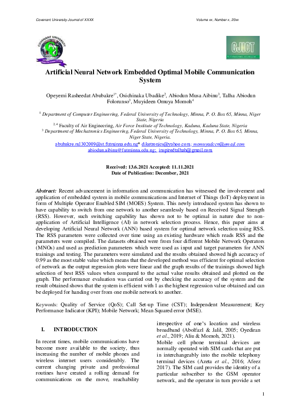 (PDF) Artificial Neural Network Embedded Optimal Mobile Communication System