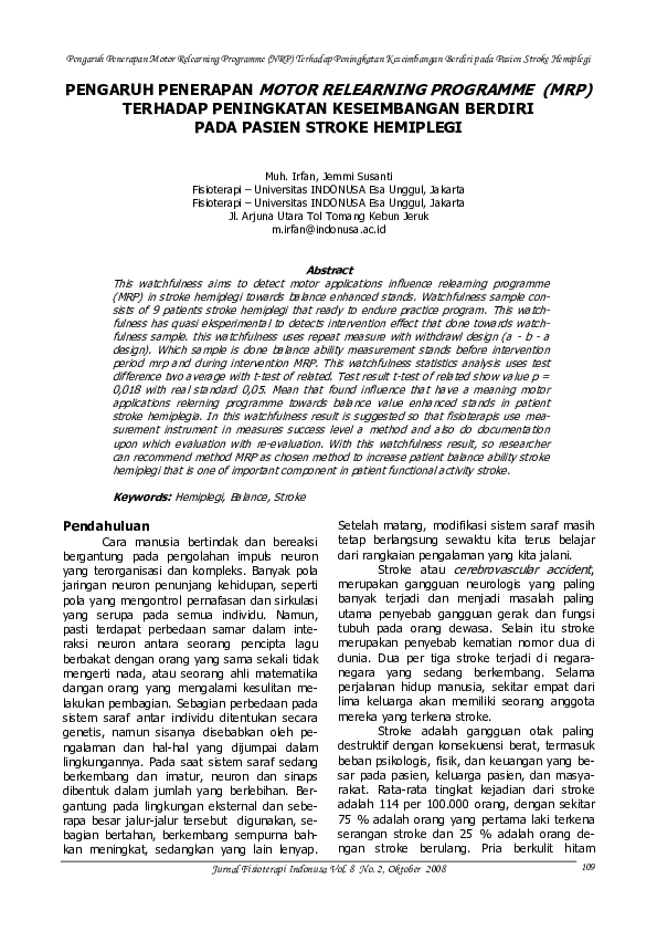 (PDF) Pengaruh Penerapan Motor Relearning Programme (MRP) Terhadap Peningkatan Keseimbangan ...