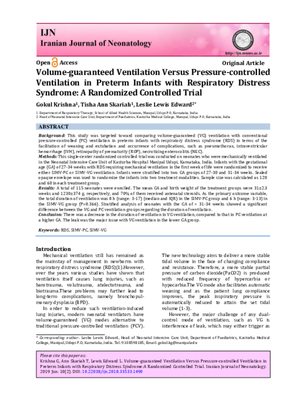 (PDF) Volume-guaranteed ventilation versus pressure-controlled ventilation in preterm infants ...