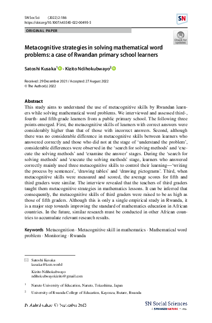 (PDF) Metacognitive strategies in solving mathematical word problems: a case of Rwandan primary ...