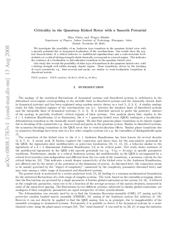 (PDF) Criticality in the quantum kicked rotor with a smooth potential