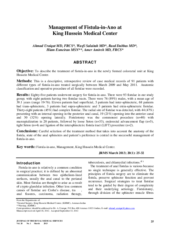 (PDF) Management of Fistula in Ano at King Hussein Medical Center