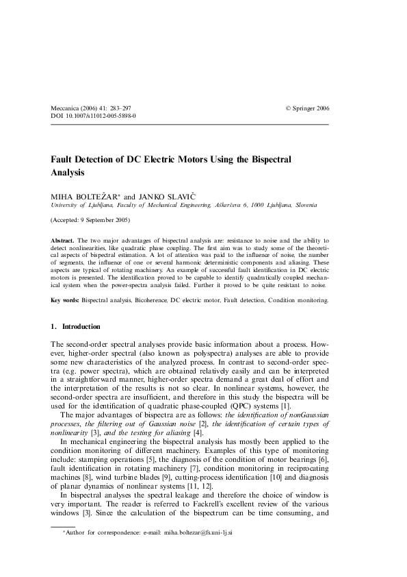 (PDF) Fault Detection of DC Electric Motors Using the Bispectral Analysis