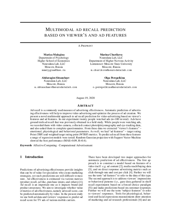 (PDF) Multimodal Ad Recall Prediction Based on Viewer’s and Ad Features