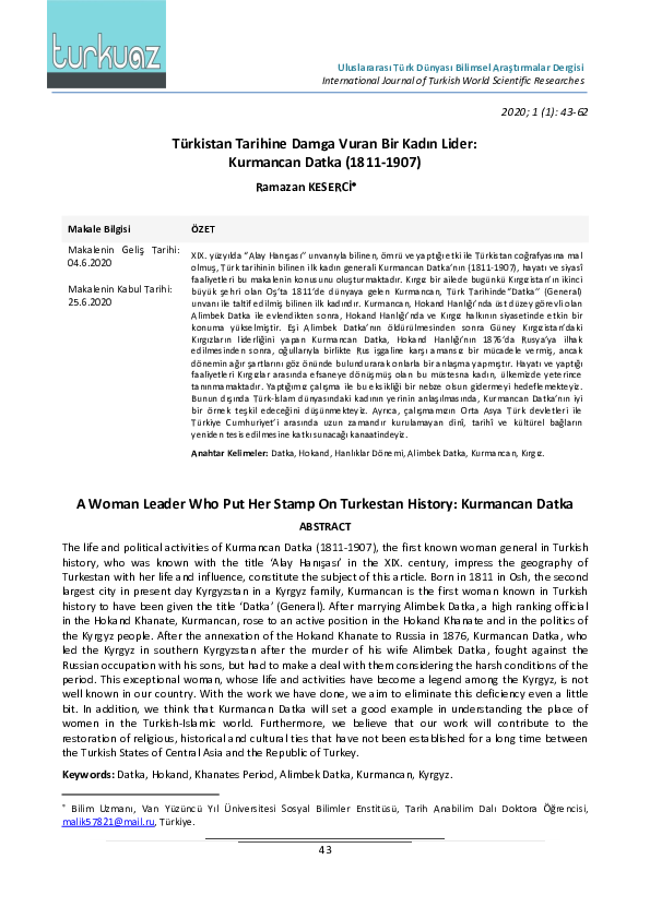 (PDF) Türkistan Tarihine Damga Vuran Bir Kadın Lider: Kurmancan Datka ...