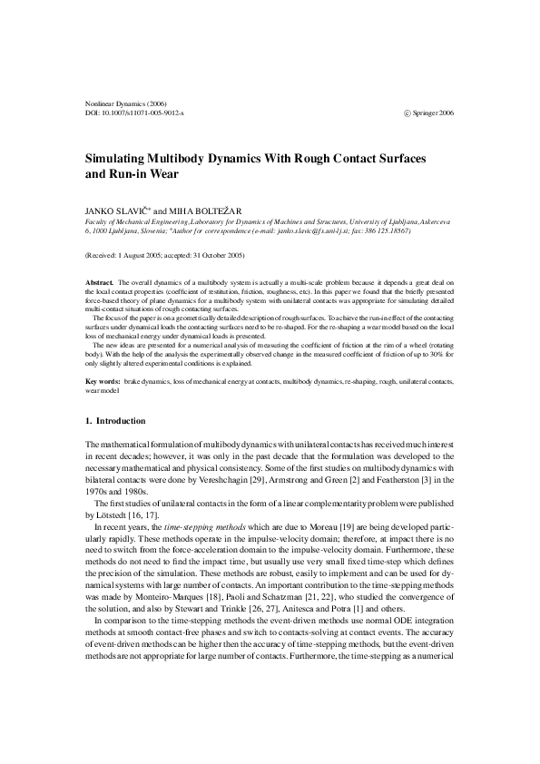 Pdf Simulating Multibody Dynamics With Rough Contact Surfaces And Run In Wear Janko Slavič