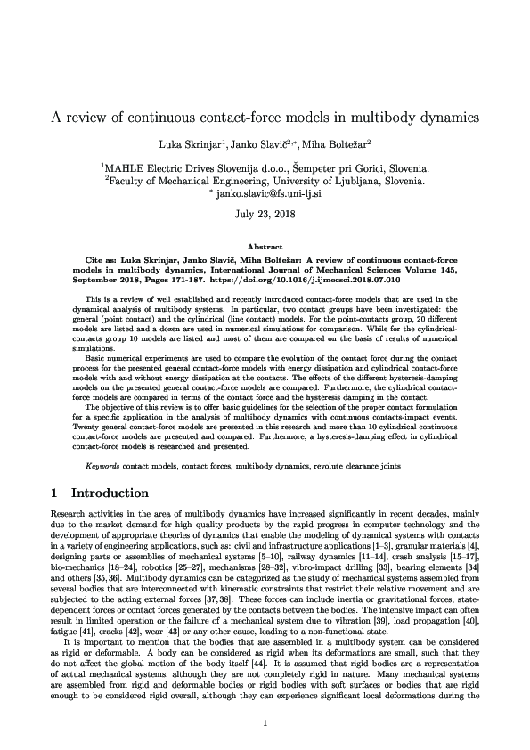 (PDF) A review of continuous contact-force models in multibody dynamics