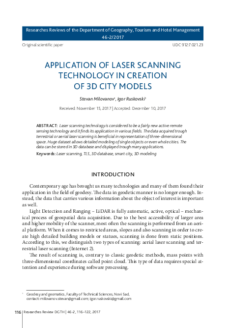 Pdf Application Of Laser Scanning Technology In Creation Of 3d City Models
