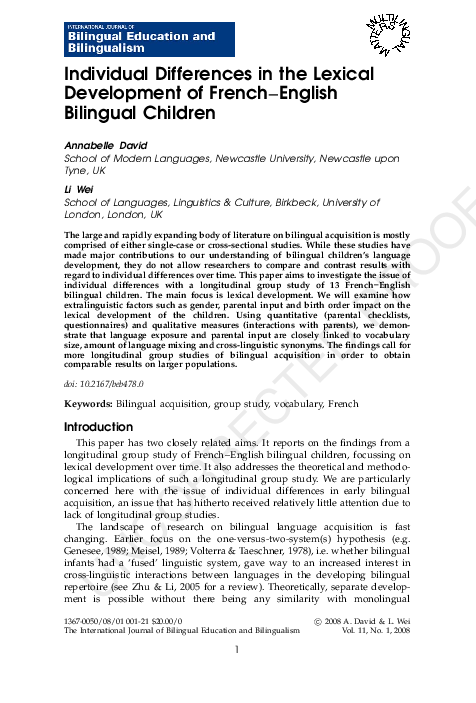 (PDF) Individual Differences in the Lexical Development of French ...