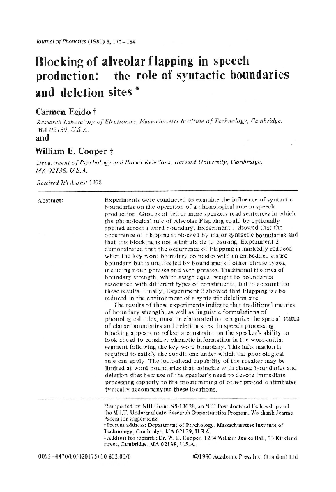 (PDF) Blocking of alveolar flapping in speech production: the role of ...