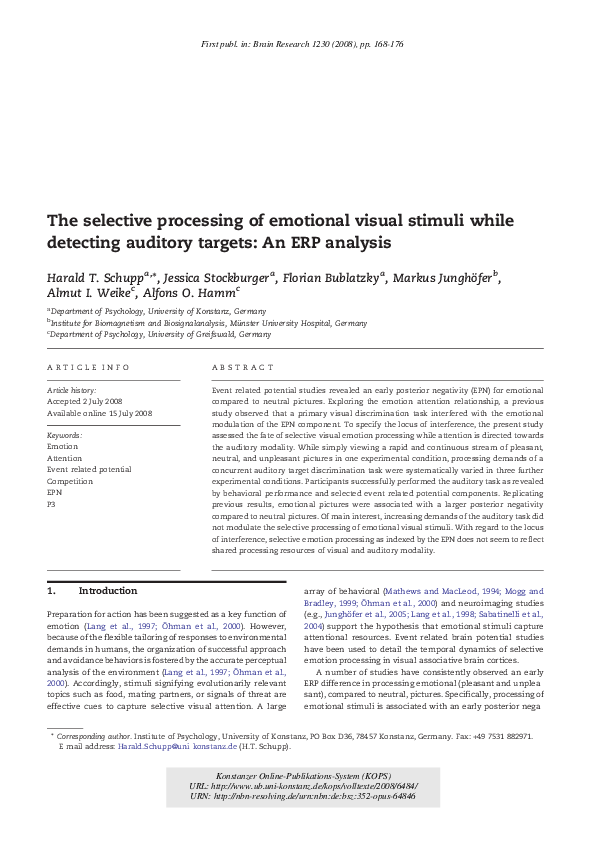 Pdf The Selective Processing Of Emotional Visual Stimuli While Detecting Auditory Targets An