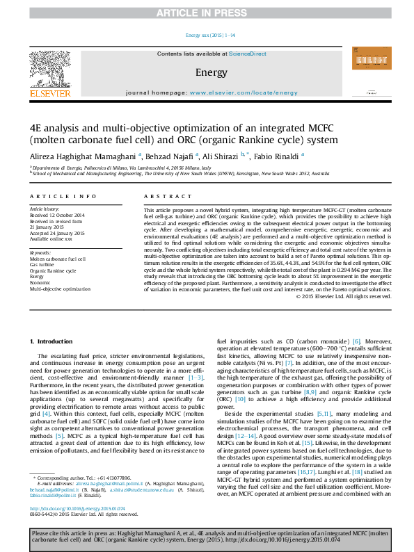 Pdf 4e Analysis And Multi Objective Optimization Of A Cchp Cycle