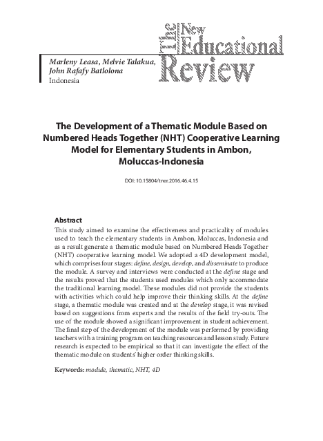(PDF) The Development of a Thematic Module Based on Numbered Heads Together (NHT) Cooperative ...