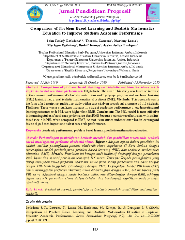 (PDF) Comparison of Problem Based Learning and Realistic Mathematics Education to Improve ...