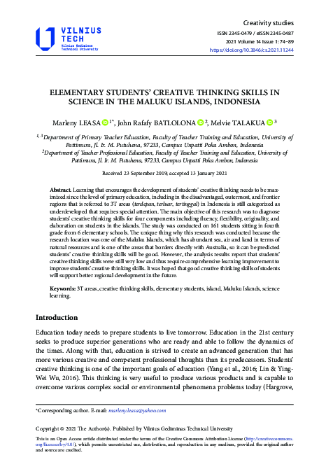 (PDF) Elementary Students’ Creative Thinking Skills in Science in the Maluku Islands, Indonesia