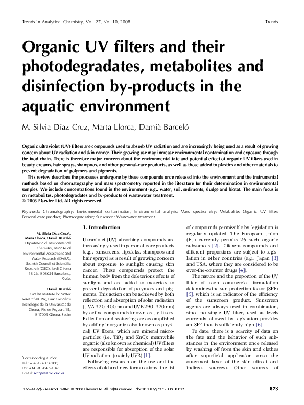 (PDF) Organic UV filters and their photodegradates, metabolites and ...