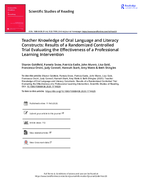 (PDF) Teacher Knowledge of Oral Language and Literacy Constructs: Results of a Randomized ...