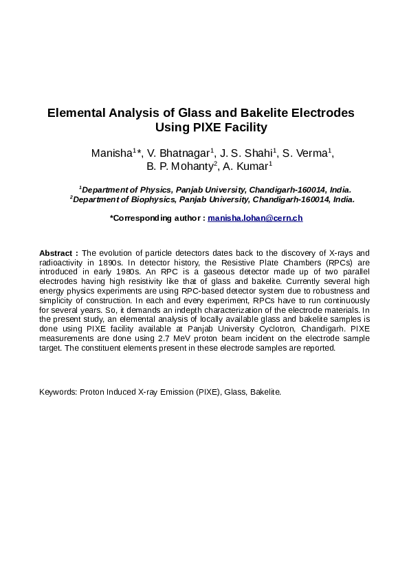 (PDF) Elemental Analysis of Glass and Bakelite Electrodes Using PIXE Facility