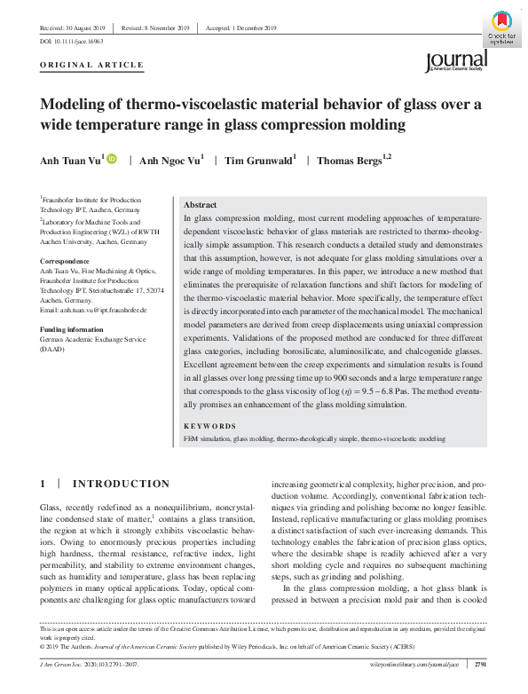 (PDF) Modeling of thermo‐viscoelastic material behavior of glass over a ...