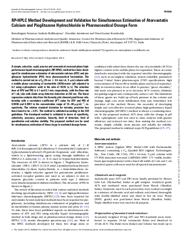 Pdf Rp Hplc Method For Atorvastatin And Pioglitazone