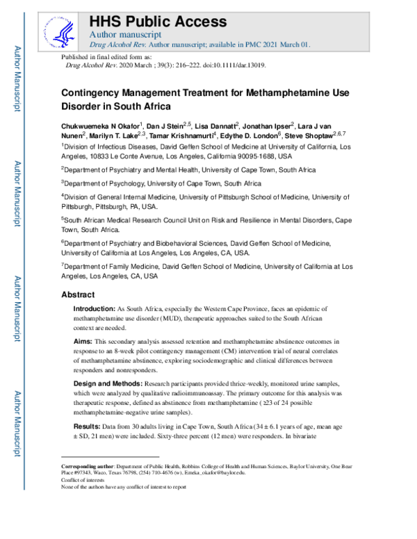 (PDF) Contingency management treatment for methamphetamine use disorder in South Africa