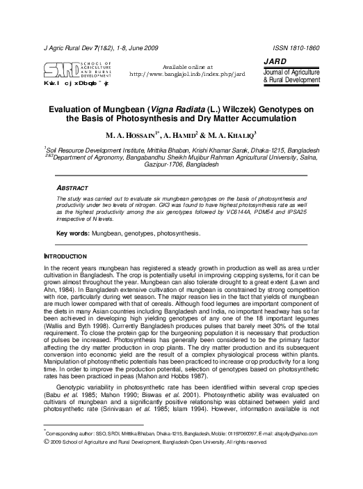 (PDF) Evaluation of Mungbean (Vigna Radiata (L.) Wilczek) Genotypes on ...