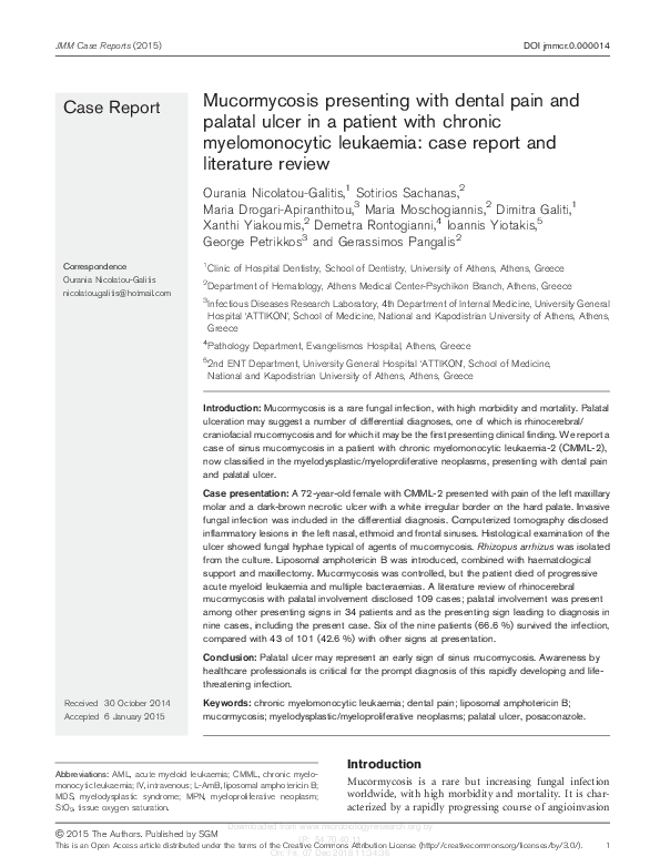 (PDF) Mucormycosis presenting with dental pain and palatal ulcer in a ...