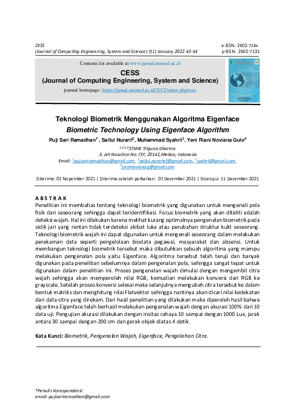 Pdf Biometric Technology Using Eigenface Algorithm