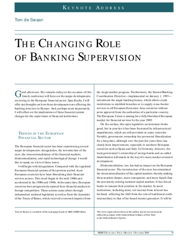 (PDF) The changing role of banking supervision | Tom De Swaan ...