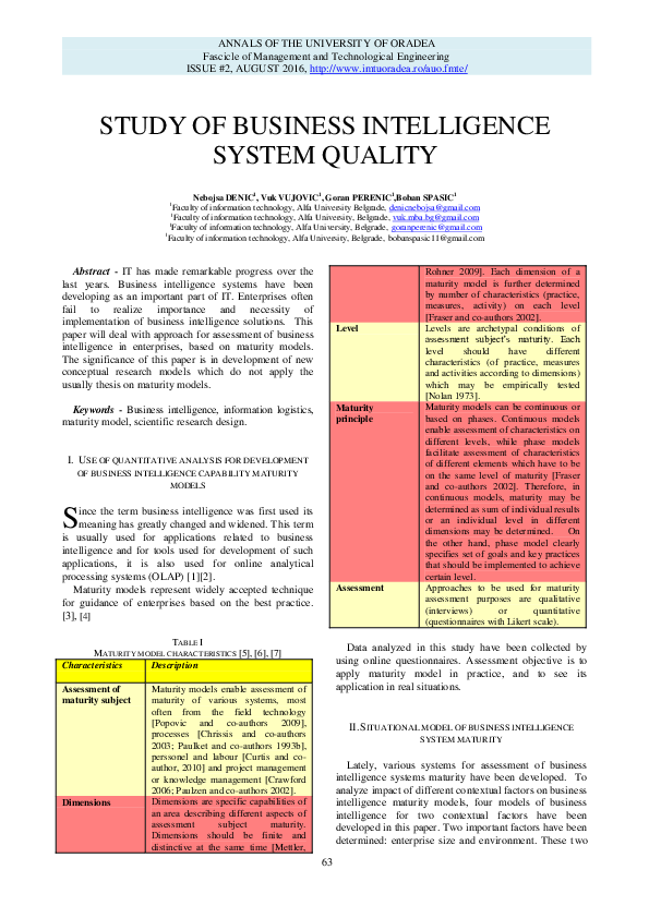 (PDF) Study of Business Intelligence System Quality