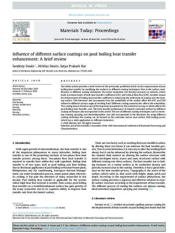 Pdf Influence Of Different Surface Coatings On Pool Boiling Heat Transfer Enhancement A Brief