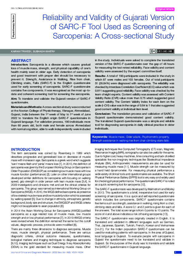 (PDF) Reliability and Validity of Gujarati Version of SARC-F Tool Used as Screening of ...