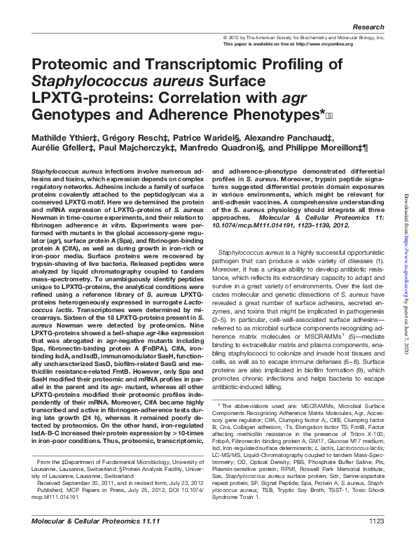 (PDF) Proteomic and Transcriptomic Profiling of Staphylococcus aureus Surface LPXTG-proteins ...