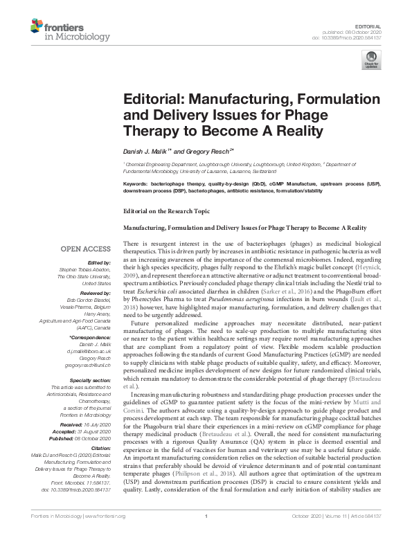 (PDF) Editorial: Manufacturing, Formulation and Delivery Issues for ...