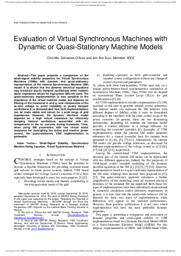 (PDF) Evaluation of Virtual Synchronous Machines With Dynamic or Quasi ...