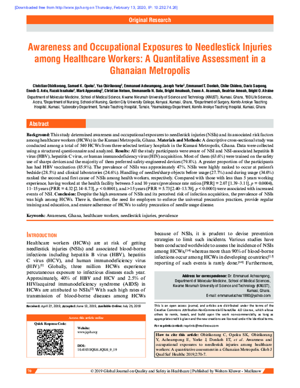 (PDF) Awareness and Occupational Exposures to Needlestick Injuries ...