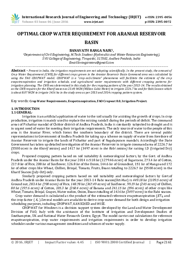 (PDF) Optimal Crop Water Requirement for Araniar Reservoir Basin