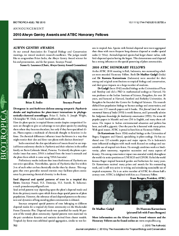 (PDF) 2010 Alwyn Gentry Awards and ATBC Honorary Fellows | Soumya ...