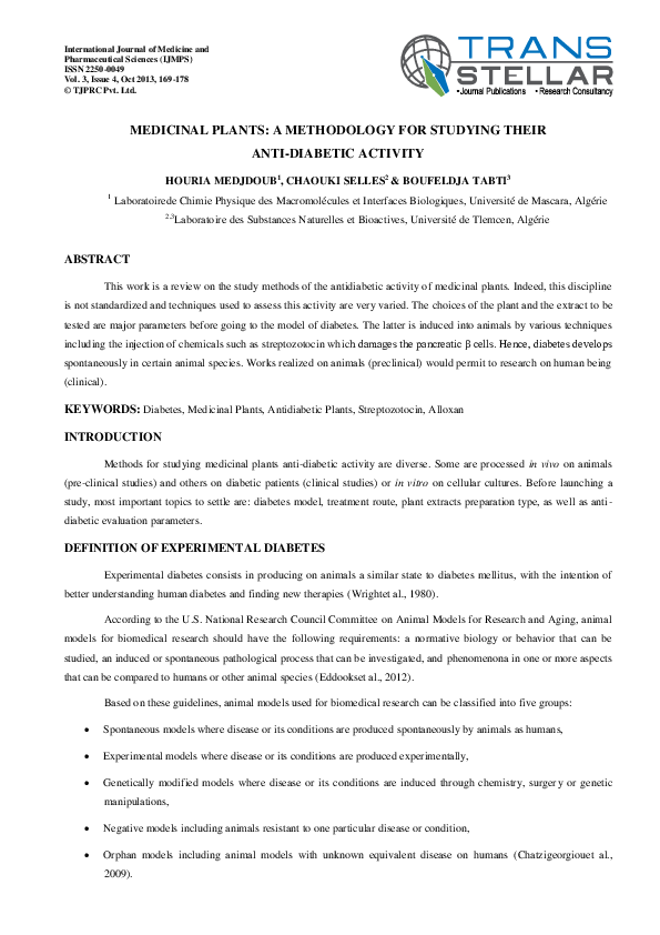 (PDF) Medicinal Plants : A Methodology for Studying Their Anti-Diabetic ...