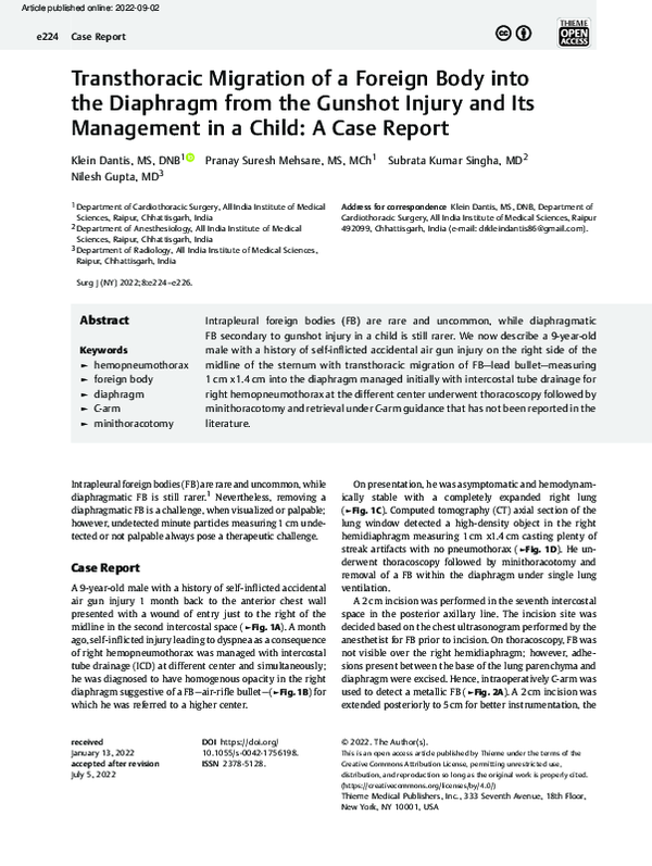 (PDF) Transthoracic Migration of a Foreign Body into the Diaphragm from ...
