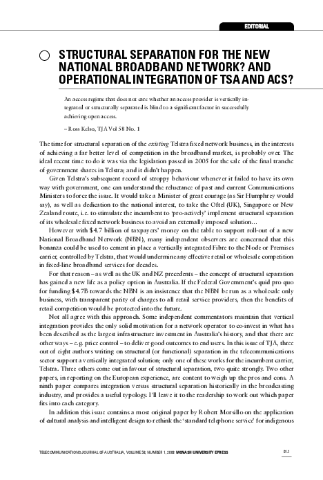 (PDF) Structural separation for the new National Broadband Network? And ...