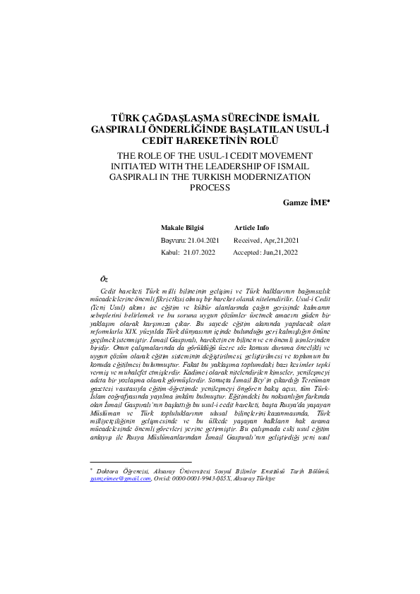 (PDF) TÜRK ÇAĞDAŞLAŞMA SÜRECİNDE İSMAİL GASPIRALI ÖNDERLİĞİNDE ...