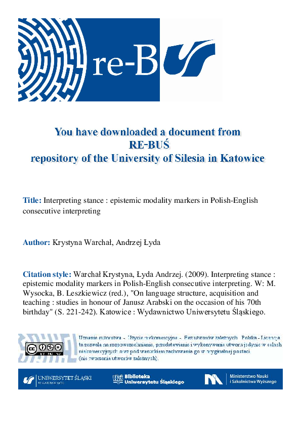 (PDF) Interpreting stance : epistemic modality markers in Polish ...