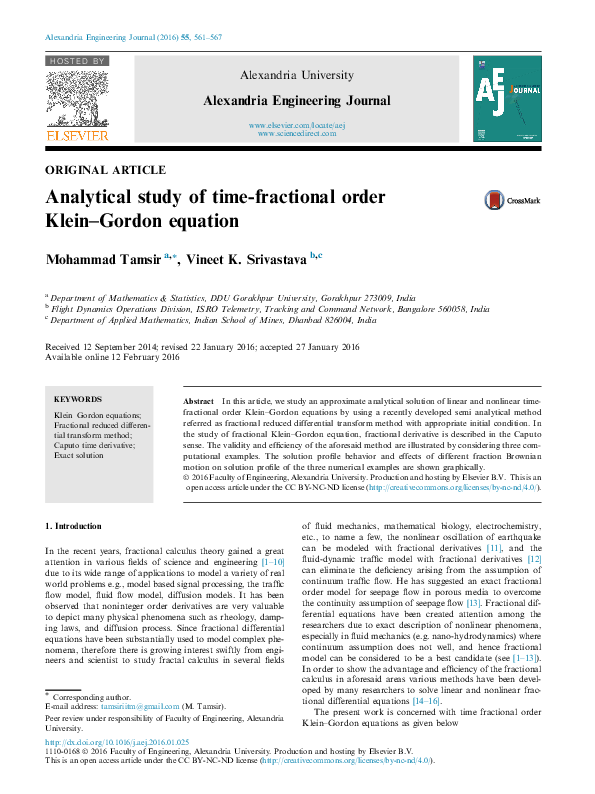 (PDF) Analytical study of time-fractional order Klein–Gordon equation
