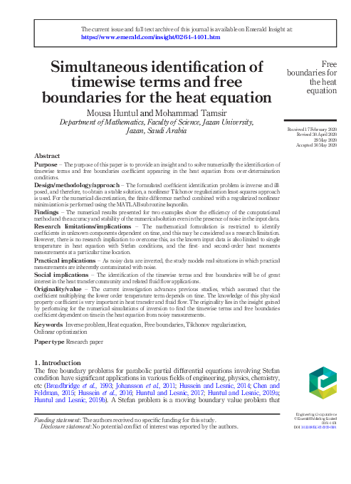 (PDF) Simultaneous identification of timewise terms and free boundaries for the heat equation ...