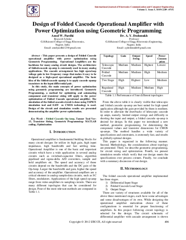 (PDF) Design of Folded Cascode Operational Amplifier with Power Optimization using Geometric ...